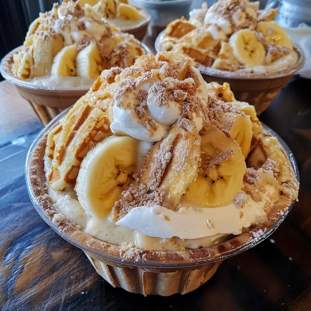 Waffle Bowls Filled with Creamy Banana Pudding - Full Recipe